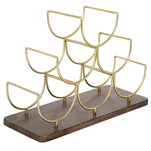 MyGift Brass-Tone Metal Wire Wine Rack with Natural Mango Wood Base, 6 Bottle Tabletop Wine Holder Stand - Handcrafted in India