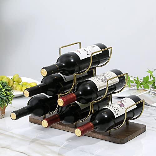 MyGift Brass-Tone Metal Wire Wine Rack with Natural Mango Wood Base, 6 Bottle Tabletop Wine Holder Stand - Handcrafted in India