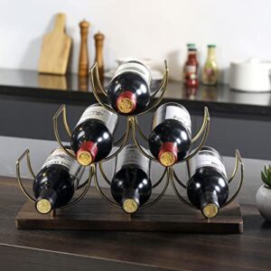 MyGift Brass-Tone Metal Wire Wine Rack with Natural Mango Wood Base, 6 Bottle Tabletop Wine Holder Stand - Handcrafted in India