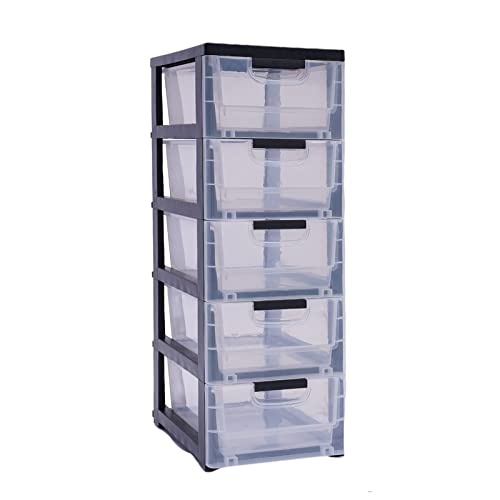 DYRABREST Transparent Plastic Drawers,Simple Storage 5 Drawer Storage Tower, Black Frame with Clear Drawers Storage Cabinet Tall Closet Drawers Organizer for Clothes,Playroom,Bedroom Furniture