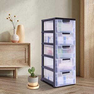 DYRABREST Transparent Plastic Drawers,Simple Storage 5 Drawer Storage Tower, Black Frame with Clear Drawers Storage Cabinet Tall Closet Drawers Organizer for Clothes,Playroom,Bedroom Furniture