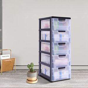 DYRABREST Transparent Plastic Drawers,Simple Storage 5 Drawer Storage Tower, Black Frame with Clear Drawers Storage Cabinet Tall Closet Drawers Organizer for Clothes,Playroom,Bedroom Furniture