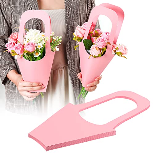 Sabary 24 Pcs Kraft Paper Flower Gift Bags Bouquet Bags with Handle Flowers Wrapping Gift Packaging Wrap Tote for Valentine's Day Florist Wedding Party Home Decoration (Pink)