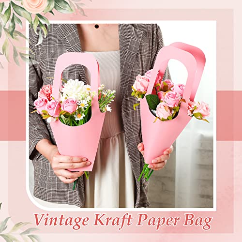 Sabary 24 Pcs Kraft Paper Flower Gift Bags Bouquet Bags with Handle Flowers Wrapping Gift Packaging Wrap Tote for Valentine's Day Florist Wedding Party Home Decoration (Pink)