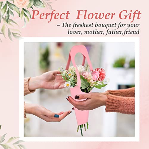 Sabary 24 Pcs Kraft Paper Flower Gift Bags Bouquet Bags with Handle Flowers Wrapping Gift Packaging Wrap Tote for Valentine's Day Florist Wedding Party Home Decoration (Pink)