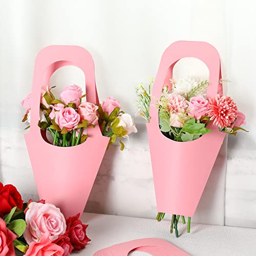 Sabary 24 Pcs Kraft Paper Flower Gift Bags Bouquet Bags with Handle Flowers Wrapping Gift Packaging Wrap Tote for Valentine's Day Florist Wedding Party Home Decoration (Pink)