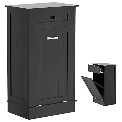 Visionwards Tilt Out Trash Cabinet Bin, Wooden, Dog Proof Garbage Can Holder, Kitchen Island with Laundry Hamper, Black