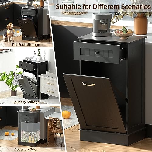 Visionwards Tilt Out Trash Cabinet Bin, Wooden, Dog Proof Garbage Can Holder, Kitchen Island with Laundry Hamper, Black