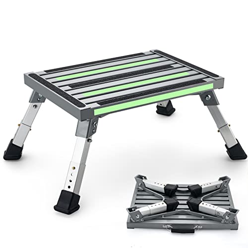 BOYISEN RV Step Stool, Height Adjustable Aluminum Step Stool with Non-Slip Rubber Feet Reflective Stripe Handle Sturdy Platform Step Supports Up to 1,000 lb, Easy Carry and Store