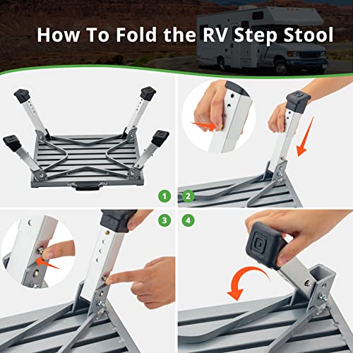 BOYISEN RV Step Stool, Height Adjustable Aluminum Step Stool with Non-Slip Rubber Feet Reflective Stripe Handle Sturdy Platform Step Supports Up to 1,000 lb, Easy Carry and Store