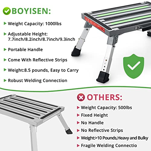 BOYISEN RV Step Stool, Height Adjustable Aluminum Step Stool with Non-Slip Rubber Feet Reflective Stripe Handle Sturdy Platform Step Supports Up to 1,000 lb, Easy Carry and Store