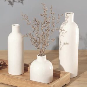 perfnique ceramic white vase, pampas grass vase set of 3, modern boho rustic home or living room decor, farmhouse decorative dried flower bud vase for table centerpieces decor (white)