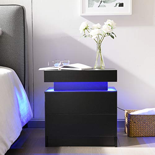 Generic Nightstand LED Set of 2 Bedside Table Cabinet with Lights Modern End Side Drawers for Bedroom (Black), 13D x 19W 20H in (JCFDB)