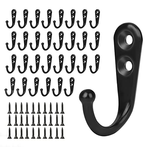 30PCS,Wall Hooks,Coat Hooks Wall Mounted, Heavy Duty Metal Single Hooks with 60 Screws,Wall Hooks for Hanging Robe Towel Jackets Clothes Bag Hat (Black)