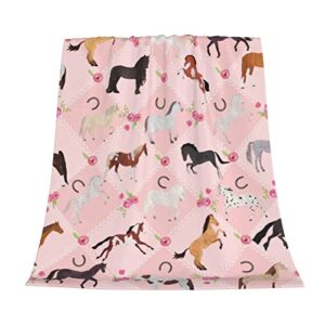 horse blanket for girl horse gift for girls women cute horses flowers fleece flannel throw blankets soft lightweight plush pink blanket for horse lovers decor bed sofa 50"x40"