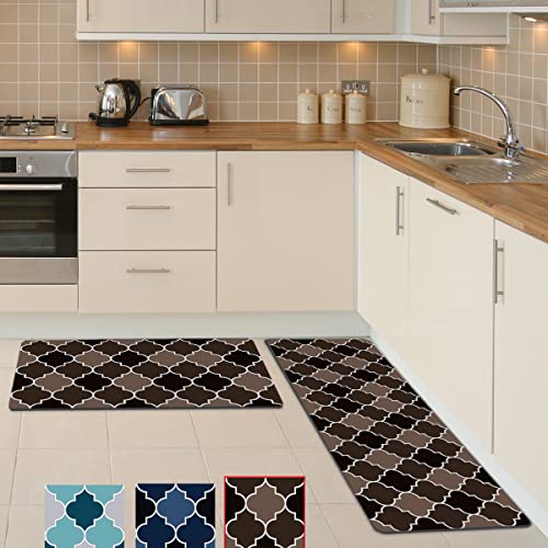 moonysweet Anti Fatigue Kitchen Rug Mat Non Skid Cushioned Brown Tan Black Waterproof Non Slip PVC Leather Runner Standing Mat Trellis Quatrefoil 17" x 29" (1 Piece only)