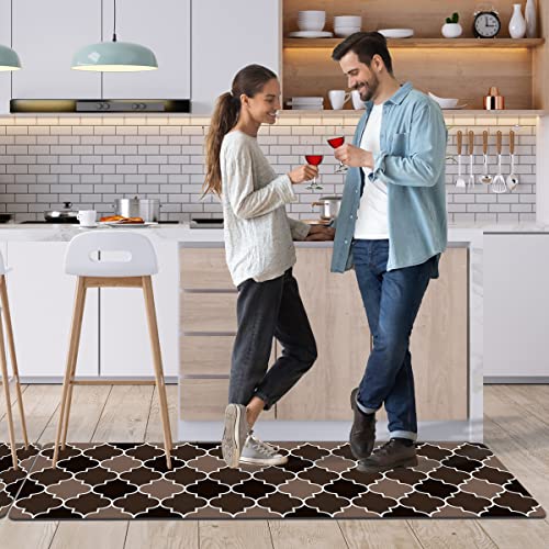 moonysweet Anti Fatigue Kitchen Rug Mat Non Skid Cushioned Brown Tan Black Waterproof Non Slip PVC Leather Runner Standing Mat Trellis Quatrefoil 17" x 29" (1 Piece only)