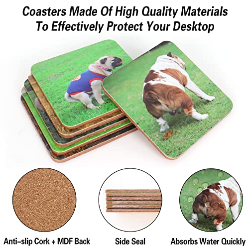 Funny Coasters for Drinks, 6 Piece Pooping Dogs Cute Coasters, Absorbent Cork Base Apartment Decor for Dog Lovers & Puppy Owners, White Elephant Party Gag Gift