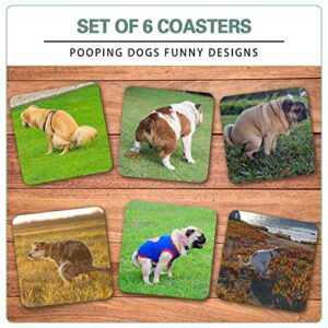 Funny Coasters for Drinks, 6 Piece Pooping Dogs Cute Coasters, Absorbent Cork Base Apartment Decor for Dog Lovers & Puppy Owners, White Elephant Party Gag Gift