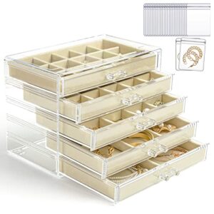 kamier acrylic jewelry organizer,5 layers clear acrylic jewelry box for women,20 pcs portable clear jewelry bag set,velvet earring display holder for earrings ring bracelet necklace,beige