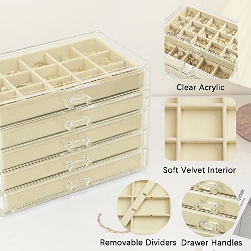 KAMIER Acrylic Jewelry Organizer,5 Layers Clear Acrylic Jewelry Box for Women,20 Pcs Portable Clear Jewelry Bag Set,Velvet Earring Display Holder for Earrings Ring Bracelet Necklace,Beige