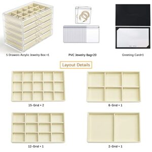 KAMIER Acrylic Jewelry Organizer,5 Layers Clear Acrylic Jewelry Box for Women,20 Pcs Portable Clear Jewelry Bag Set,Velvet Earring Display Holder for Earrings Ring Bracelet Necklace,Beige