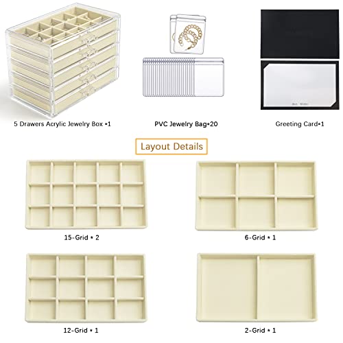 KAMIER Acrylic Jewelry Organizer,5 Layers Clear Acrylic Jewelry Box for Women,20 Pcs Portable Clear Jewelry Bag Set,Velvet Earring Display Holder for Earrings Ring Bracelet Necklace,Beige