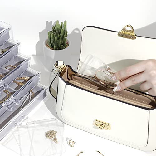 KAMIER Acrylic Jewelry Organizer,5 Layers Clear Acrylic Jewelry Box for Women,20 Pcs Portable Clear Jewelry Bag Set,Velvet Earring Display Holder for Earrings Ring Bracelet Necklace,Beige