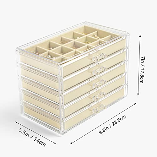 KAMIER Acrylic Jewelry Organizer,5 Layers Clear Acrylic Jewelry Box for Women,20 Pcs Portable Clear Jewelry Bag Set,Velvet Earring Display Holder for Earrings Ring Bracelet Necklace,Beige