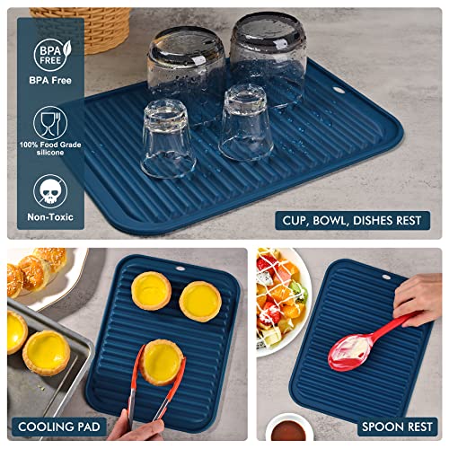 HOTEC Silicone Trivets for Hot pots and Pans, Heat Resistant for Kitchen Counter Dish Drying Mat, Set of 2 Classic Blue