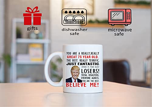 Qsavet 75th Birthday Gifts For Women, Trump Coffee Mugs for 75 Year Old, 1948 Birthday Gifts for Men, Novelty Coffee Mug for Mom, Dad, Family, Neighbor, Coworker, Teacher - 11oz Trump Mug