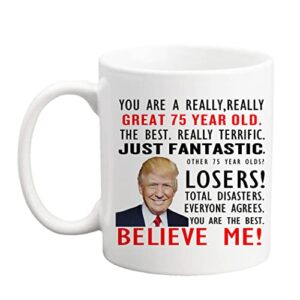 qsavet 75th birthday gifts for women, trump coffee mugs for 75 year old, 1948 birthday gifts for men, novelty coffee mug for mom, dad, family, neighbor, coworker, teacher - 11oz trump mug