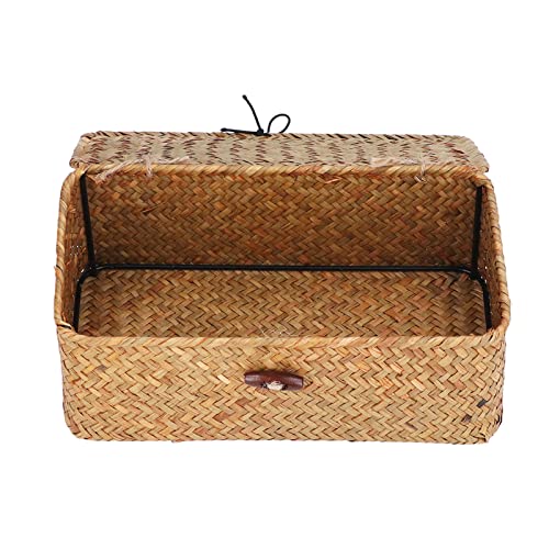 Yuehuamech Woven Storage Basket with Lid Natural Seagrass Organizer Box Rectangular Shelf Basket Bins Rattan Wicker Storage Case for Clothes Makeup Jewellery (L)