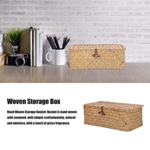 Yuehuamech Woven Storage Basket with Lid Natural Seagrass Organizer Box Rectangular Shelf Basket Bins Rattan Wicker Storage Case for Clothes Makeup Jewellery (L)