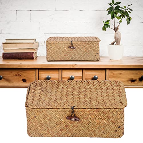 Yuehuamech Woven Storage Basket with Lid Natural Seagrass Organizer Box Rectangular Shelf Basket Bins Rattan Wicker Storage Case for Clothes Makeup Jewellery (L)