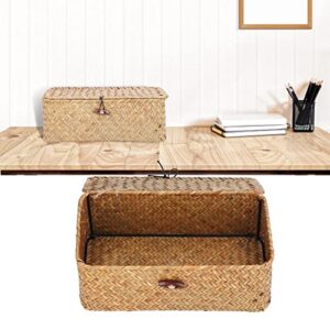 Yuehuamech Woven Storage Basket with Lid Natural Seagrass Organizer Box Rectangular Shelf Basket Bins Rattan Wicker Storage Case for Clothes Makeup Jewellery (L)