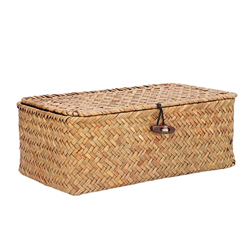 Yuehuamech Woven Storage Basket with Lid Natural Seagrass Organizer Box Rectangular Shelf Basket Bins Rattan Wicker Storage Case for Clothes Makeup Jewellery (L)