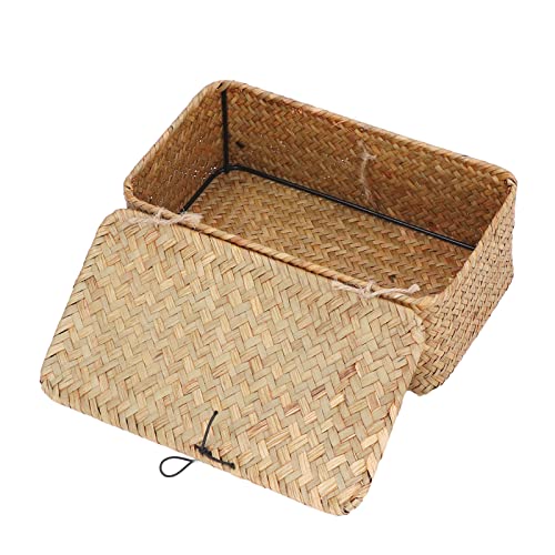 Yuehuamech Woven Storage Basket with Lid Natural Seagrass Organizer Box Rectangular Shelf Basket Bins Rattan Wicker Storage Case for Clothes Makeup Jewellery (L)