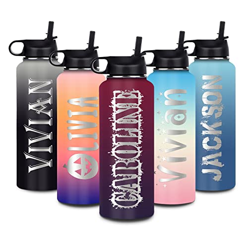 Personalized Water Bottles for Kids, Gradient 18oz Custom Name Stainless Steel Sports Water Bottle with Straw-Double Wall Insulated Gift Cup for Girls Boys Women Men School Sports