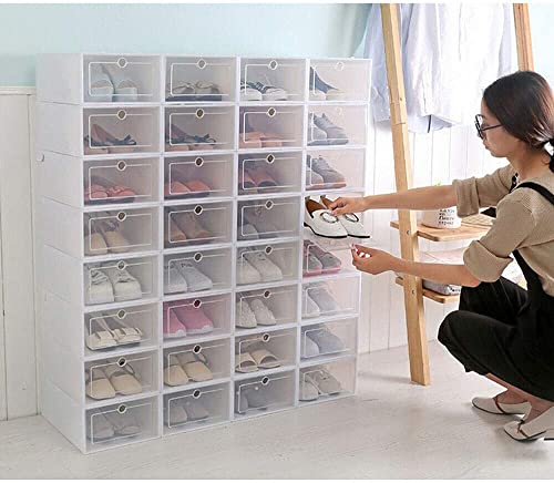 20/24 Pack Shoe Box Side Open, Clamshell Shoe Storage Container, Clear Shoe Boxes Stackable, Plastic Stackable Shoe Storage Organizer Shoe Container Sneaker Box for Men Women Shoes (20 Pack White)