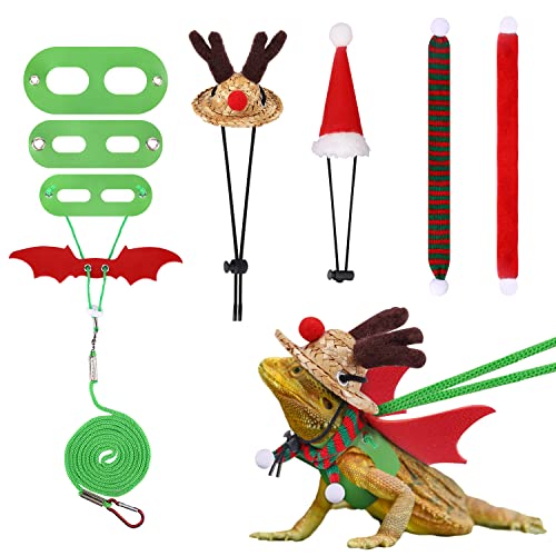 1 Set Bearded Dragon Christmas Costume, 7pcs Bearded Dragon Christmas Clothes Accessories Bearded Dragon Scarf Santa Hat Small Lizard Leash Harness for Reptile Christmas Holiday Cosplay (Green & Red)