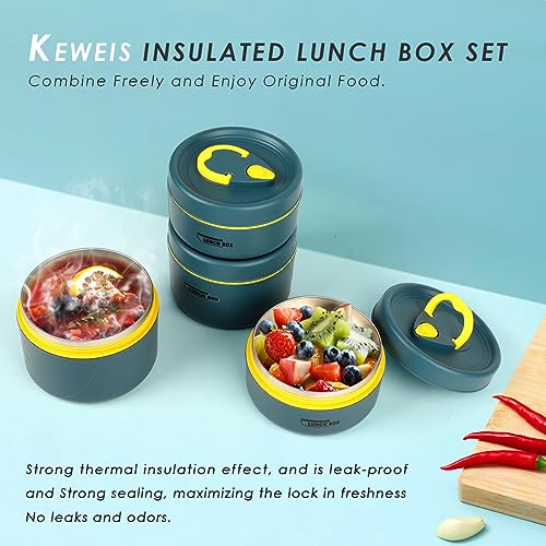 Keweis Bento Box Adult Lunch Box Set, Portable Insulated Lunch Containers with Thermal Bag, Stackable Stainless Steel Leakproof Food Container for Adults Teens Kids, Set of 2, 34 Oz