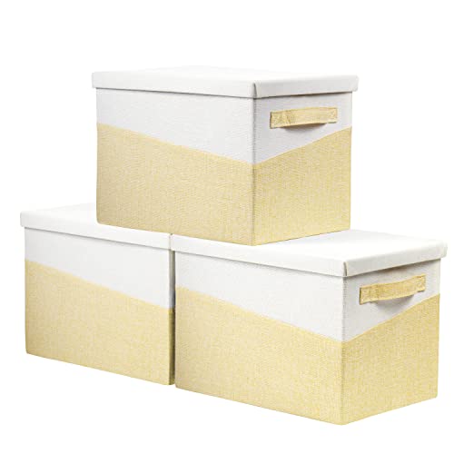 Fabric Storage Box with Lids [3 Pack] Foldable Closet Shelf Organizer Linen Decorative Bins with Cover Handles Collapsible Baskets Containers for Home Closet Clothes Nursery Toy (15x10x10 inch, 27L, Yellow)