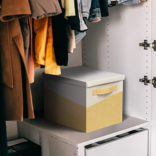 Fabric Storage Box with Lids [3 Pack] Foldable Closet Shelf Organizer Linen Decorative Bins with Cover Handles Collapsible Baskets Containers for Home Closet Clothes Nursery Toy (15x10x10 inch, 27L, Yellow)