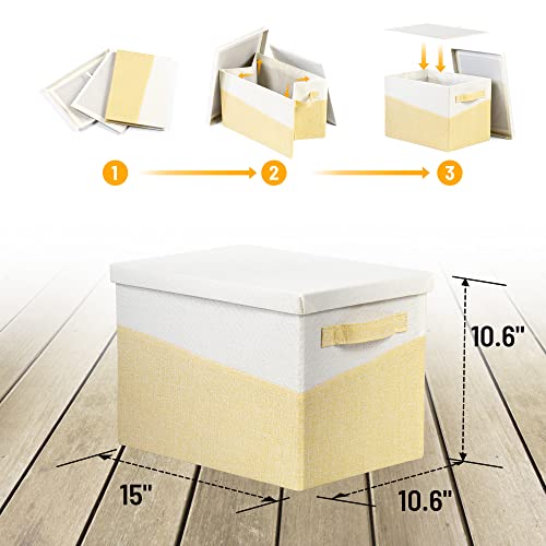 Fabric Storage Box with Lids [3 Pack] Foldable Closet Shelf Organizer Linen Decorative Bins with Cover Handles Collapsible Baskets Containers for Home Closet Clothes Nursery Toy (15x10x10 inch, 27L, Yellow)