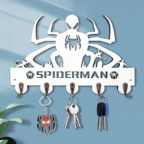 Key Holder for Wall Self Adhesive, Key Hook for Wall with 5 Hooks, Spider Design Man Key Hanger for Entryway Hallway - White - Gifts to Man Kids