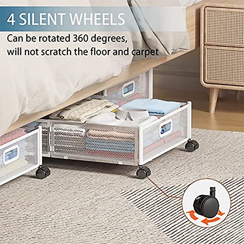 RUTILY Under Bed Storage Containers with Wheels Foldable Bedroom Under Bed Storage Organizer with Handles,Rolling Under Bed Storage Drawer Basket for Clothing, Books, Toys, Shoes (2 pack, white)