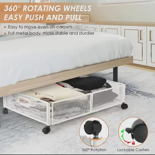 RUTILY Under Bed Storage Containers with Wheels Foldable Bedroom Under Bed Storage Organizer with Handles,Rolling Under Bed Storage Drawer Basket for Clothing, Books, Toys, Shoes (2 pack, white)