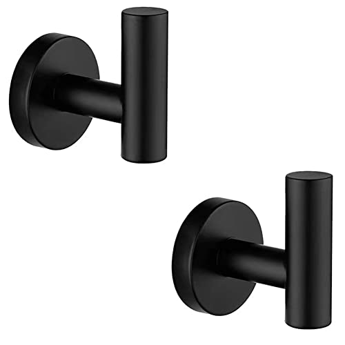 Lckaien Matte Black Bathroom Towel Coat Hook Stainless Steel, 2 Pack Robe Clothes Cabinet Closet Sponges Hooks Holder Round Style Heavy Duty Wall Hook for Bathroom Kitchen Hotel Wall Mounted