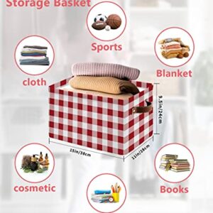 Rustic Red Checkered Storage Basket for Shelves, Valentine Red Buffalo Plaid Storage Cube Fabric Storage Bins, Closet Organizers with Handles for Book, Toys, Cloth, 15x11x9.5 Inch